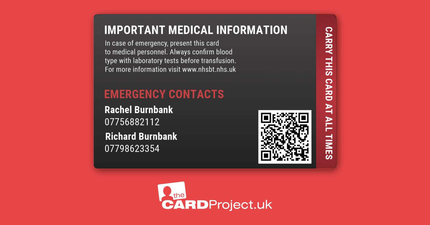 personalised, blood, group, ID, card, emergency, contacts, NHS, photo ...