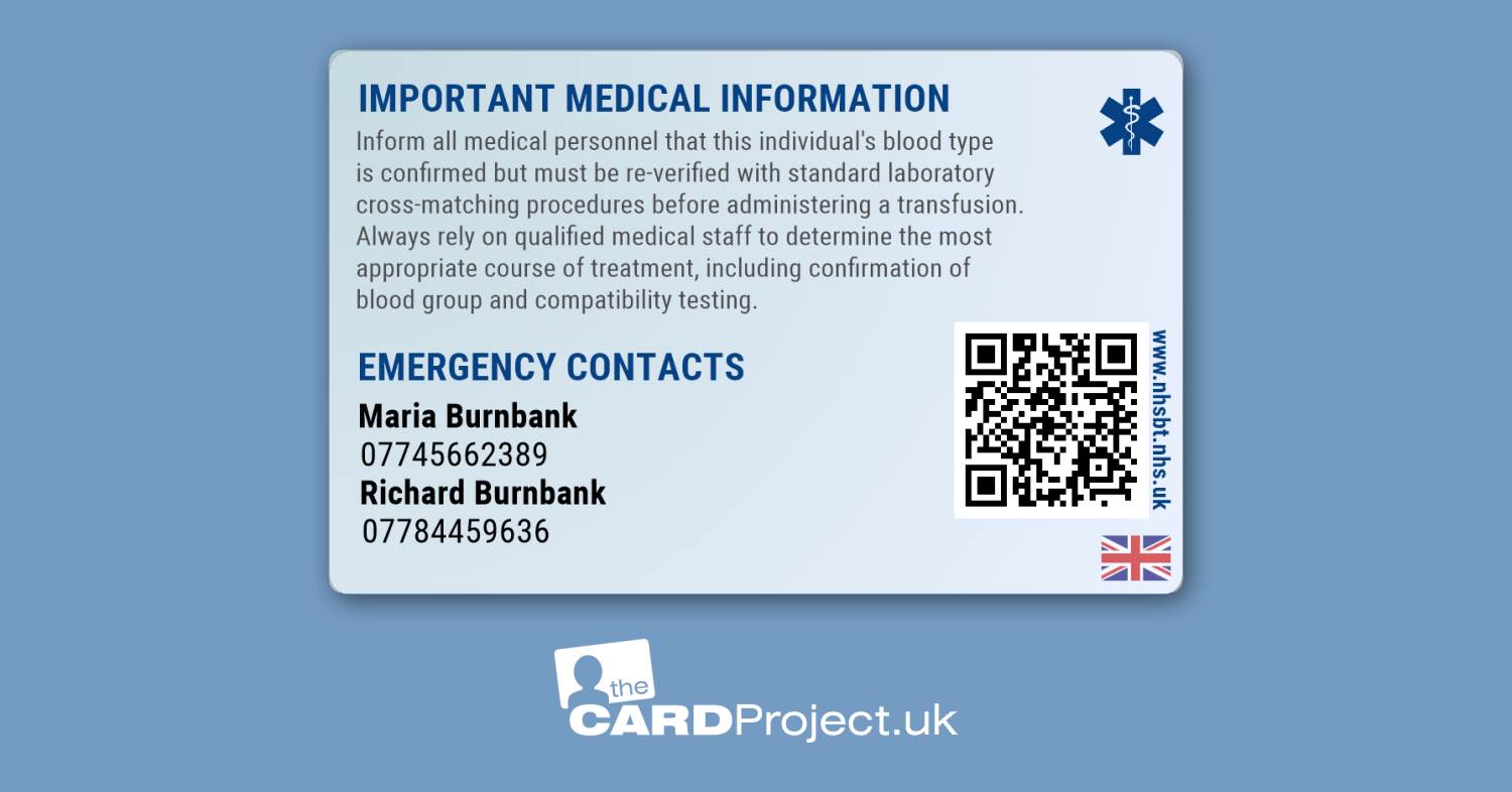 personalised, blood, group, ID, card, UK, medical, photo, emergency ...