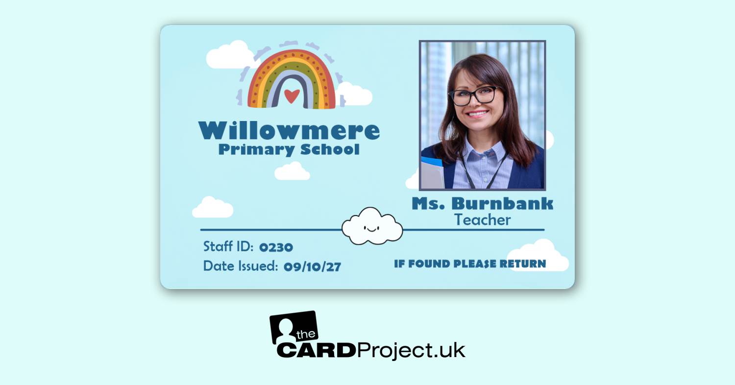 rainbow school id card, colourful teacher id badge, bright primary ...