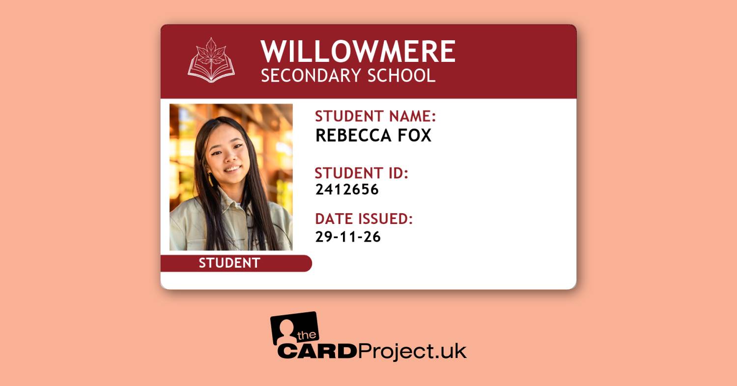 secondary school student ID card, red header student ID, personalised ...