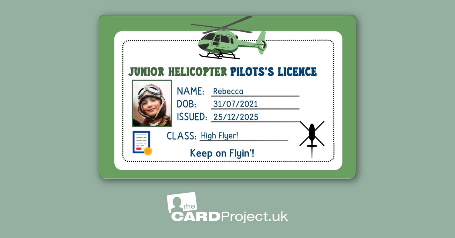 junior helicopter licence, kids helicopter pilot card, personalised ...