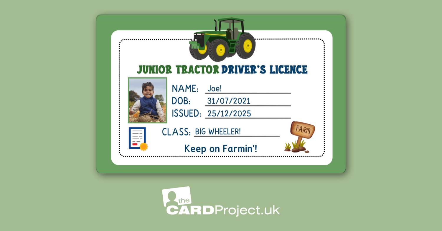 junior tractor licence, kids tractor driver card, personalised tractor ...