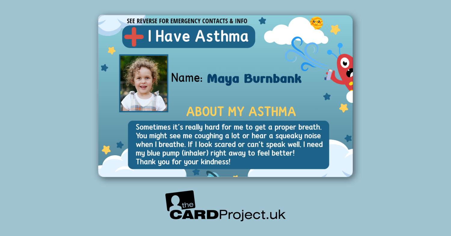 personalised asthma card kids, children’s asthma alert card, asthma ...