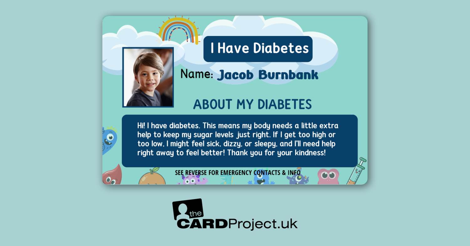 personalised diabetes card kids, children’s diabetes alert card, type 1 ...