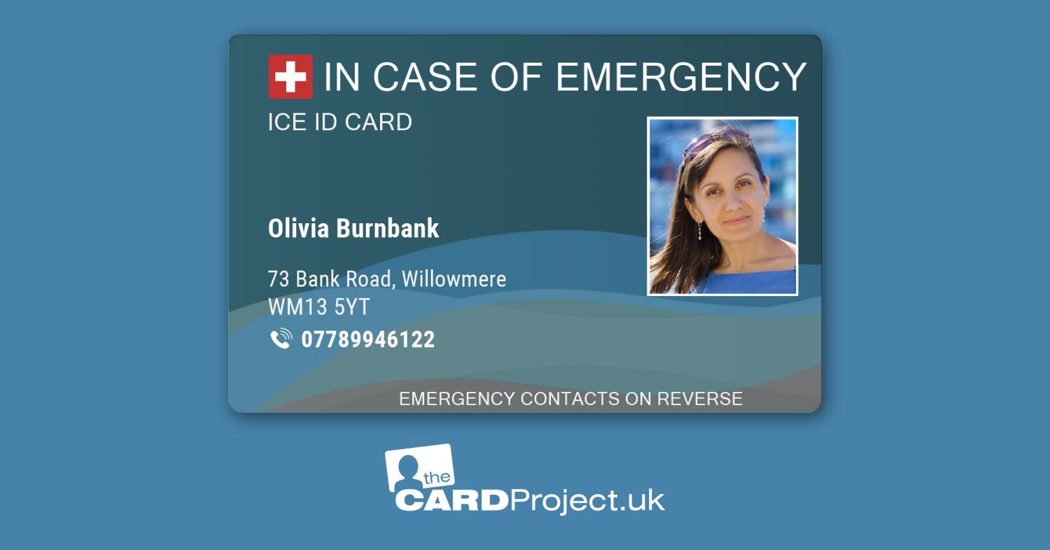 personalised ICE photo ID card, blue wave emergency contact card ...